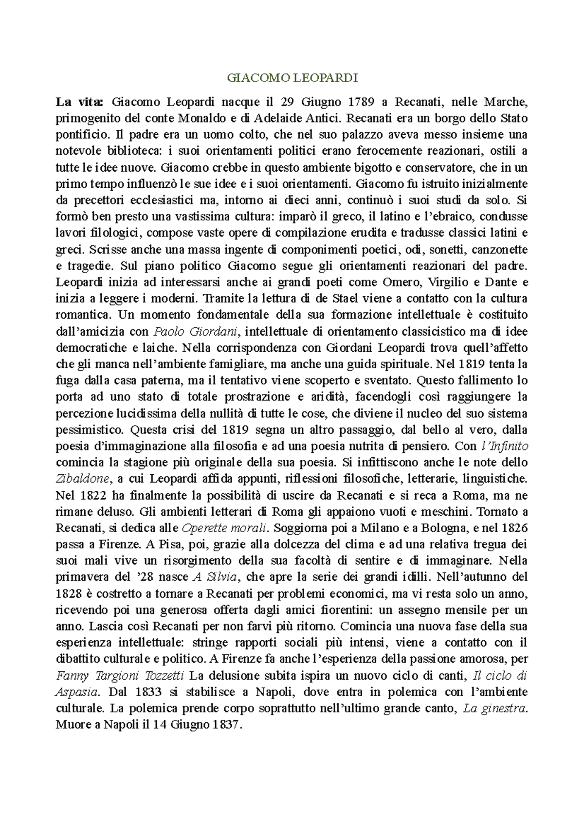 Giacomo Leopardi - Recanati era un borgo dello Stato pontificio. Il ...
