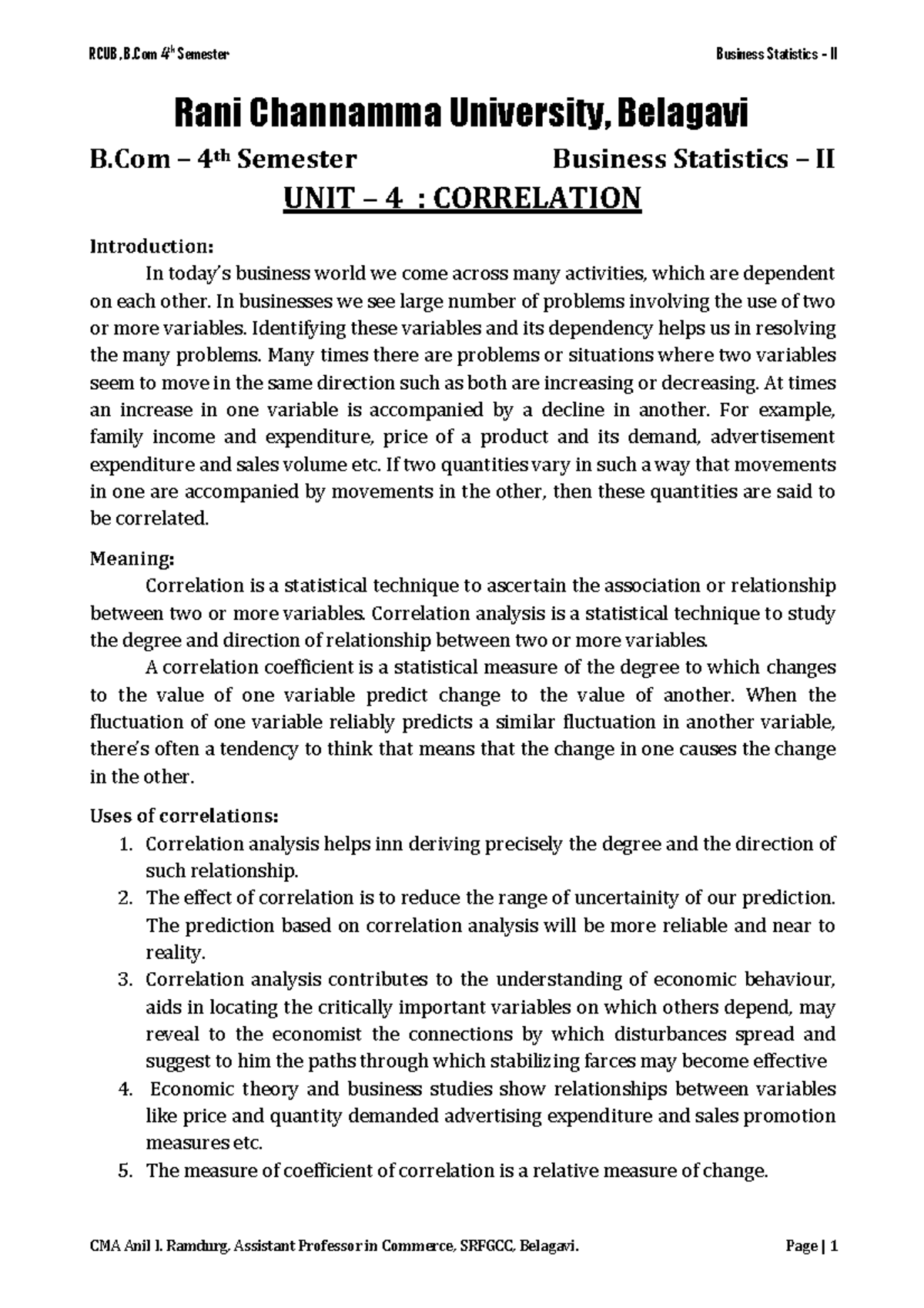 Business Statistics Unit 4 Correlation and Regression - Rani Channamma ...