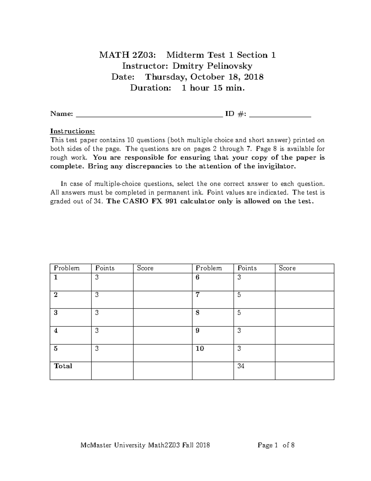 Test 1 for 2018 math 1Z03, given as sample - MATH 2Z03: Midterm Test 1 ...