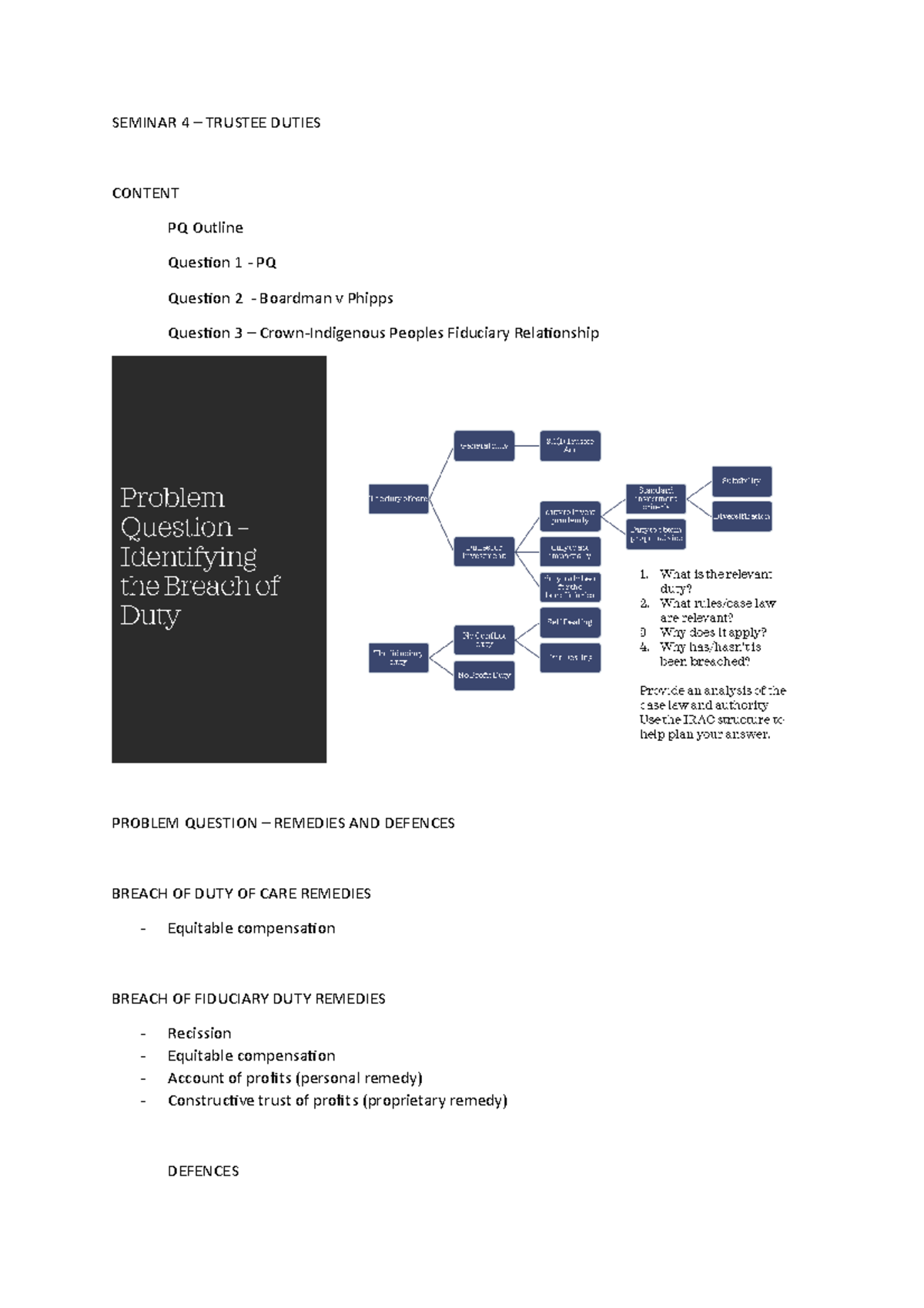 Seminar 4 Summarised - summary - SEMINAR 4 – TRUSTEE DUTIES CONTENT PQ ...