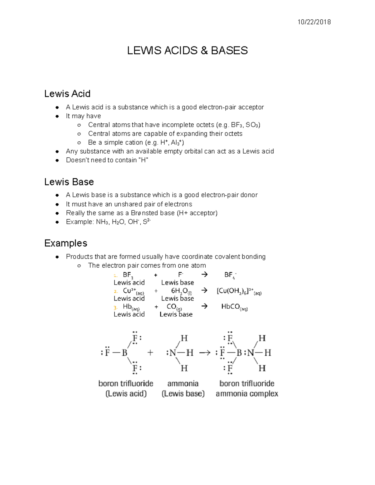 Lewis Acids Bases - Notes - 10/22/ LEWIS ACIDS & BASES Lewis Acid A ...