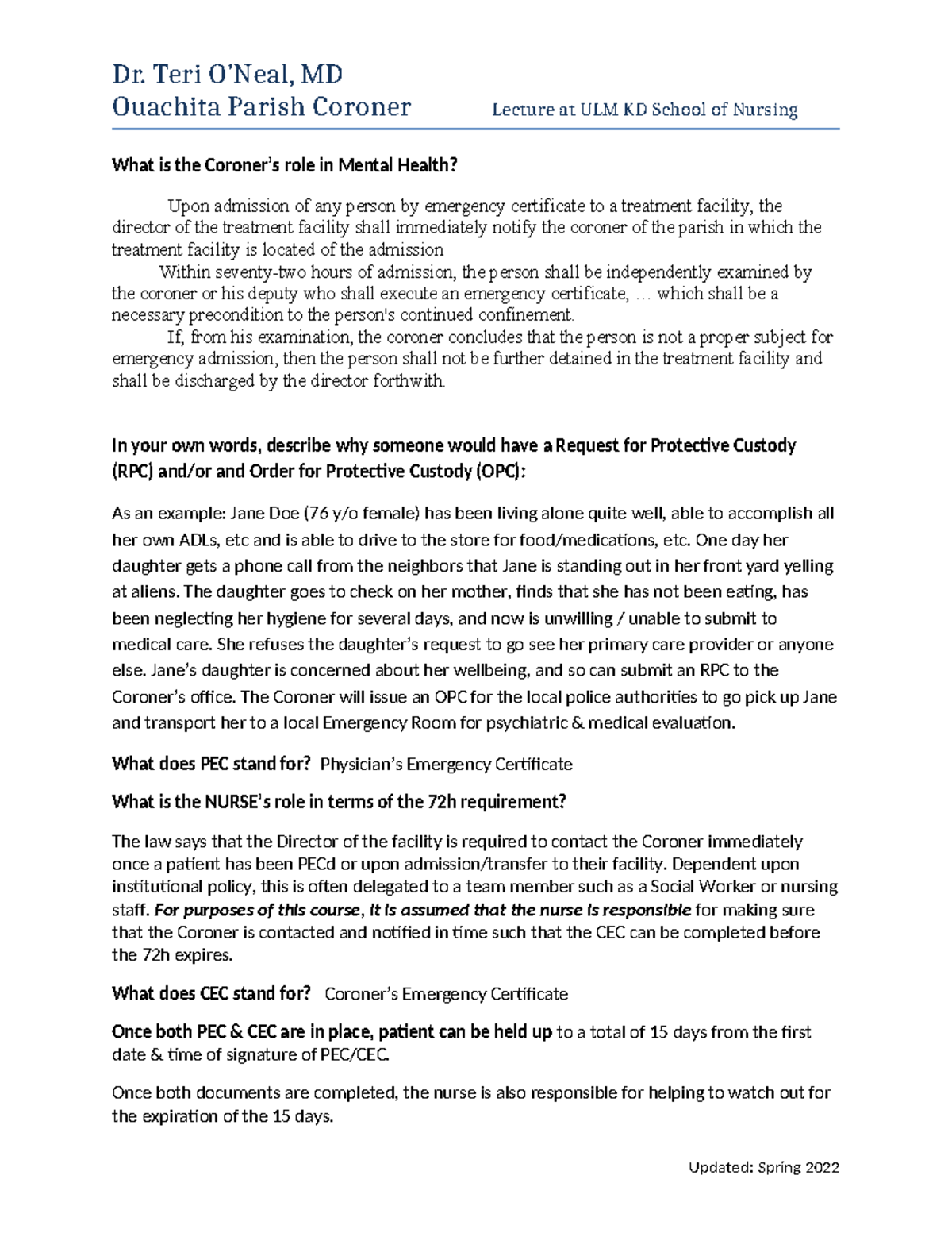 Ch 06 - Dr ONeal talk Filled out - Dr. Teri O’Neal, MD Ouachita Parish ...