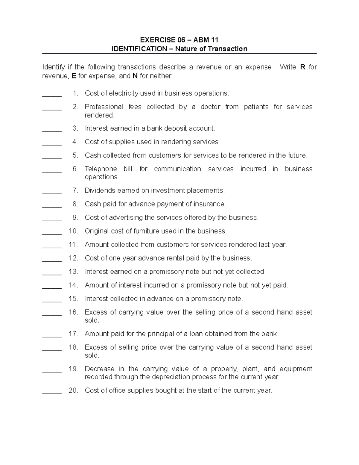 Exercise 06 - Identification - Nature OF Transaction - EXERCISE 06 ...