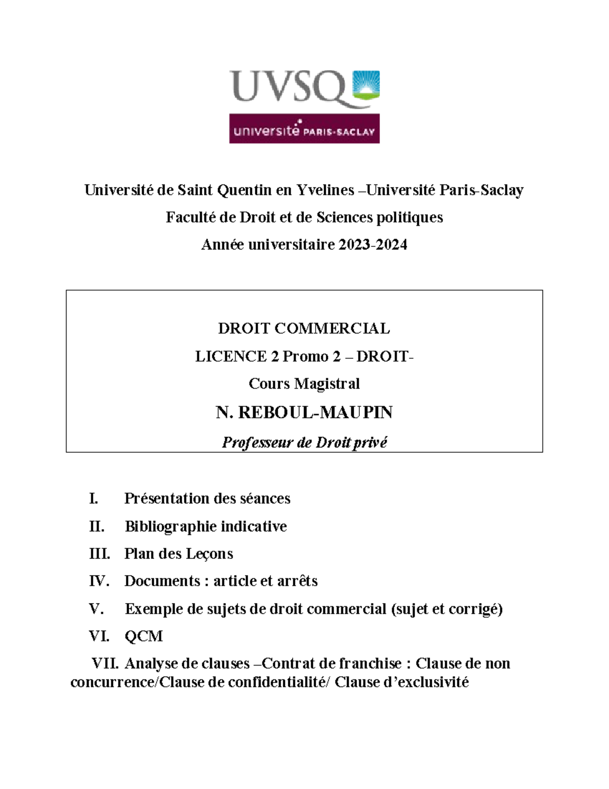 plan du cours droit commercial - Université de Saint Quentin en ...