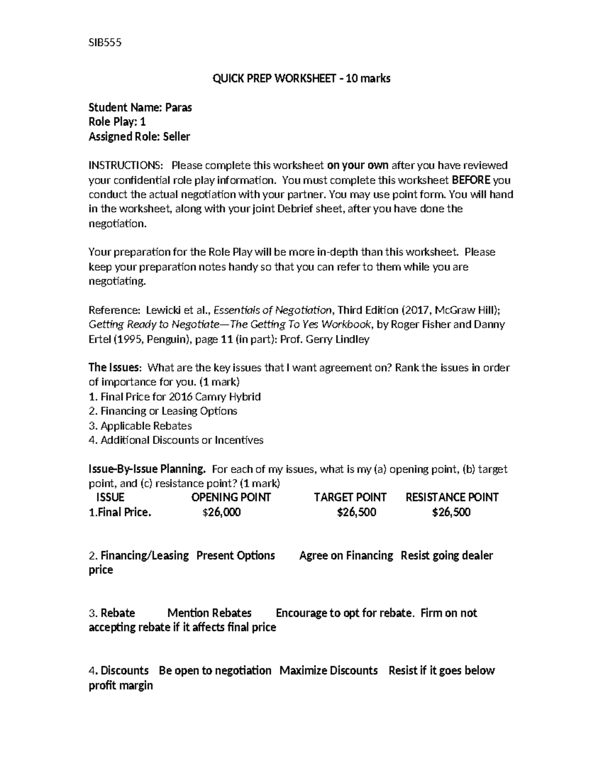 Paras Quick Prep Worksheet - SIB QUICK PREP WORKSHEET - 10 marks ...