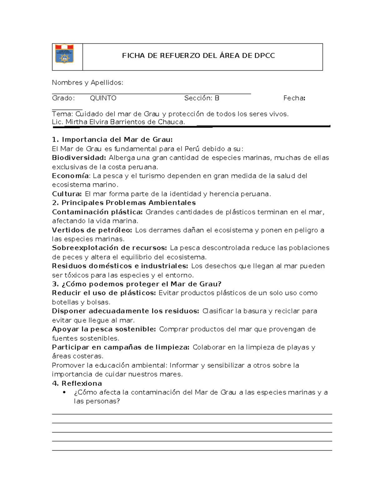 U6 5TO Ficha DE Refuerzo DPCC - FICHA DE REFUERZO DEL ÁREA DE DPCC Nombres y Apellidos: Grado ...