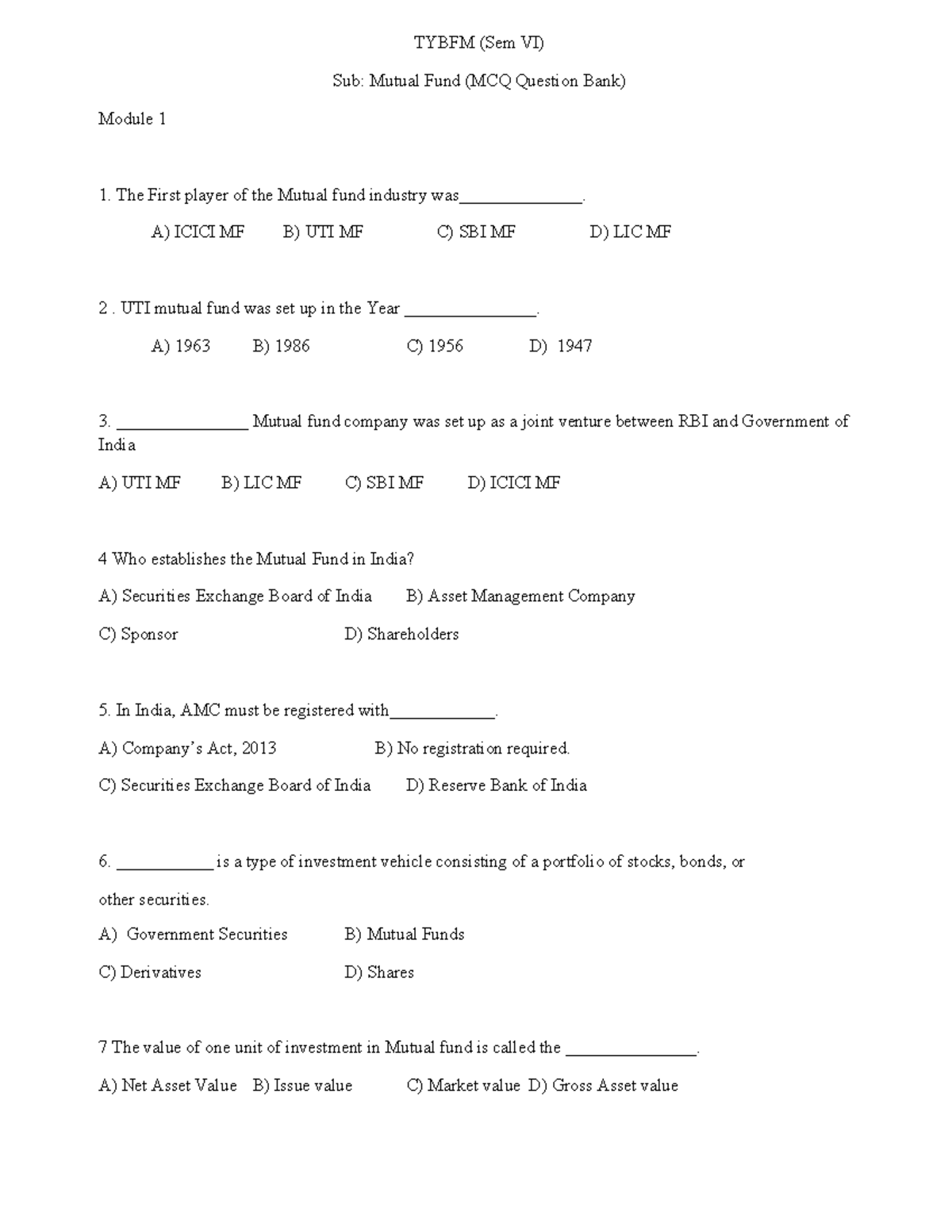 Tybfm Sem 6 Mutual Fund Management - TYBFM (Sem VI) Sub: Mutual Fund ...