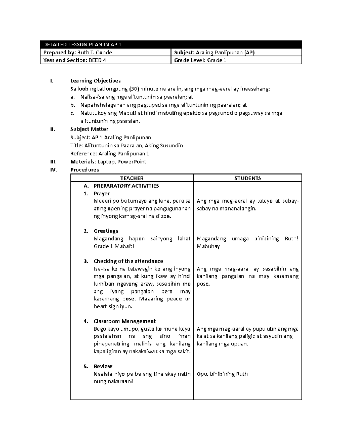 Detailed Lesson PLAN IN AP 1 - DETAILED LESSON PLAN IN AP 1 Prepared by ...