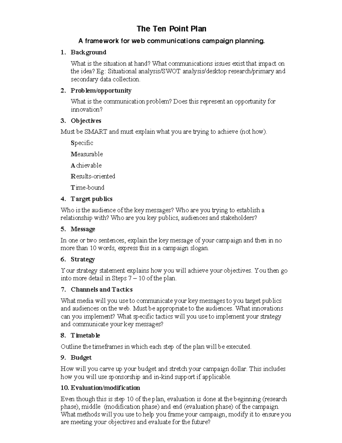 The Ten Point Plan for Web Communications - The Ten Point Plan **A ...