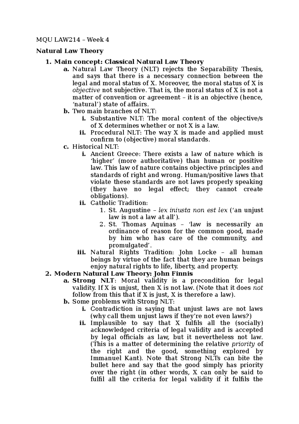 LAWS Notes Week 4 - MQU LAW214 – Week 4 Natural Law Theory 1. Main ...