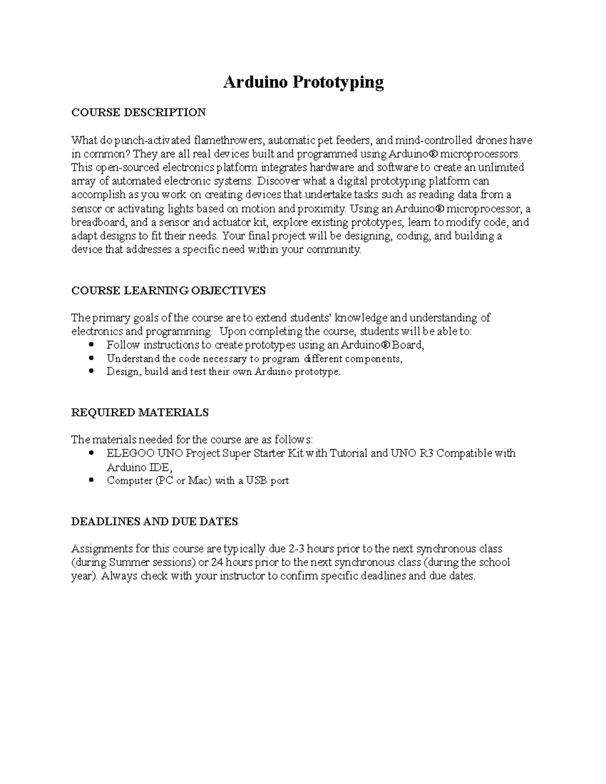 CTY LIVE Arduino Prototyping Syllabus - Arduino Prototyping COURSE DESCRIPTION What do - Studocu