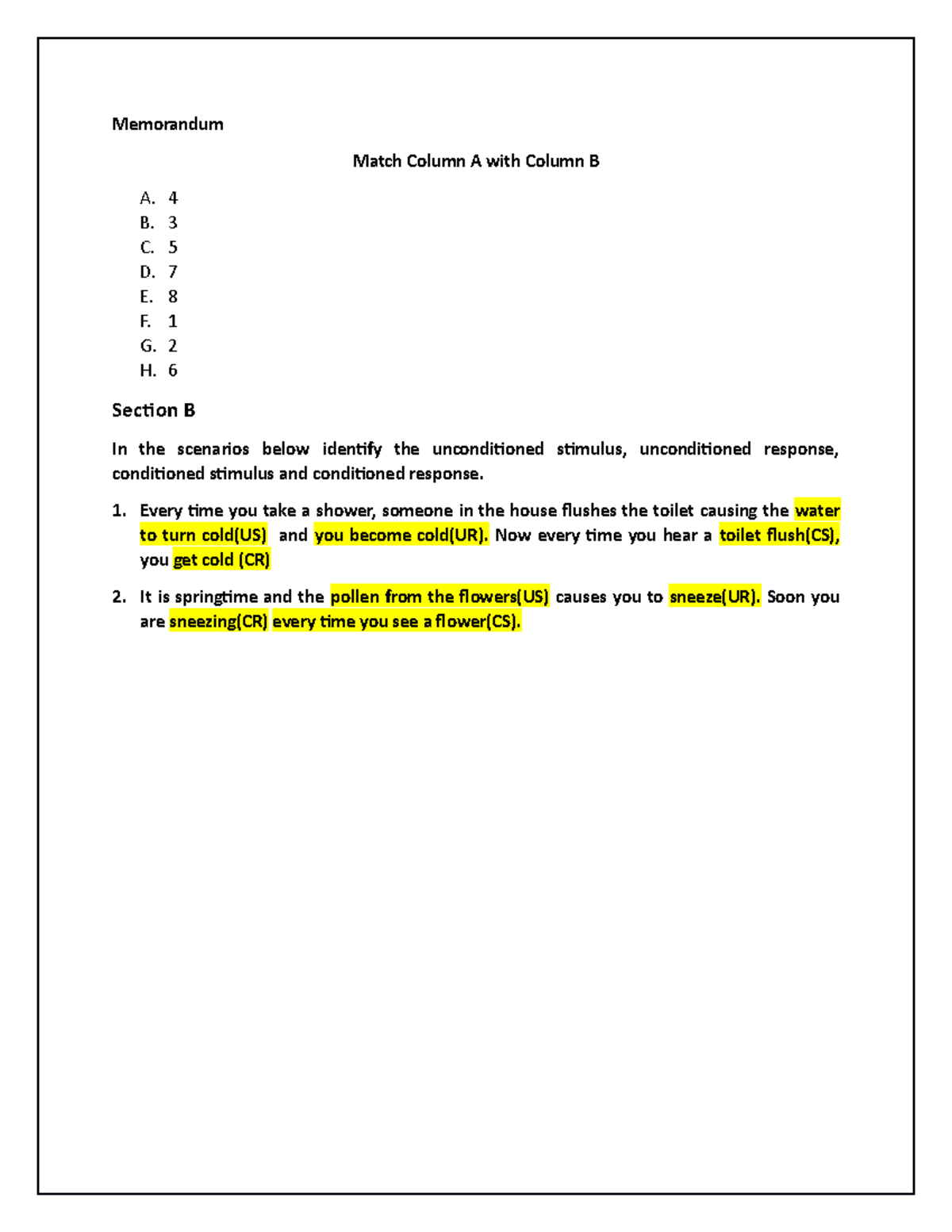 Chapter 17 Memo - Memos from tutorials - Memorandum Match Column A with Column B A. 4 B. 3 C. 5 ...