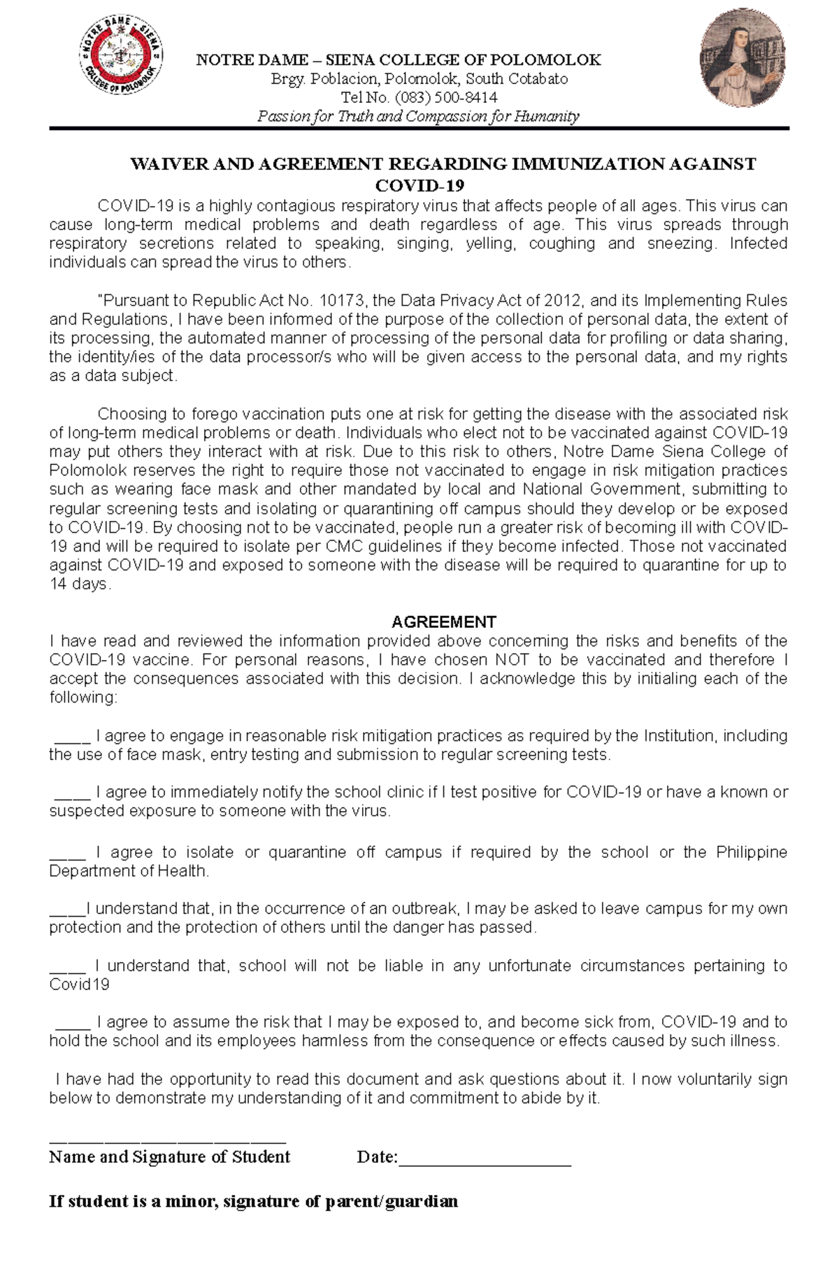 Waiver AND Agreement Regarding Immunization Against Covid-19 - NOTRE ...