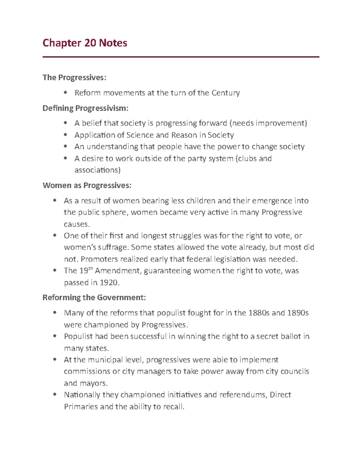 Chapter 20 Notes - Chapter 20 Notes The Progressives: Reform movements ...