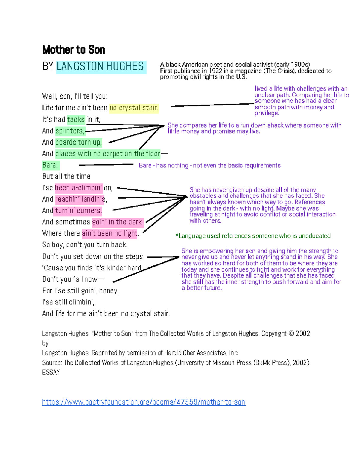 Copy of Poetry Annotation Options - Mother to Son BY LANGSTON HUGHES ...