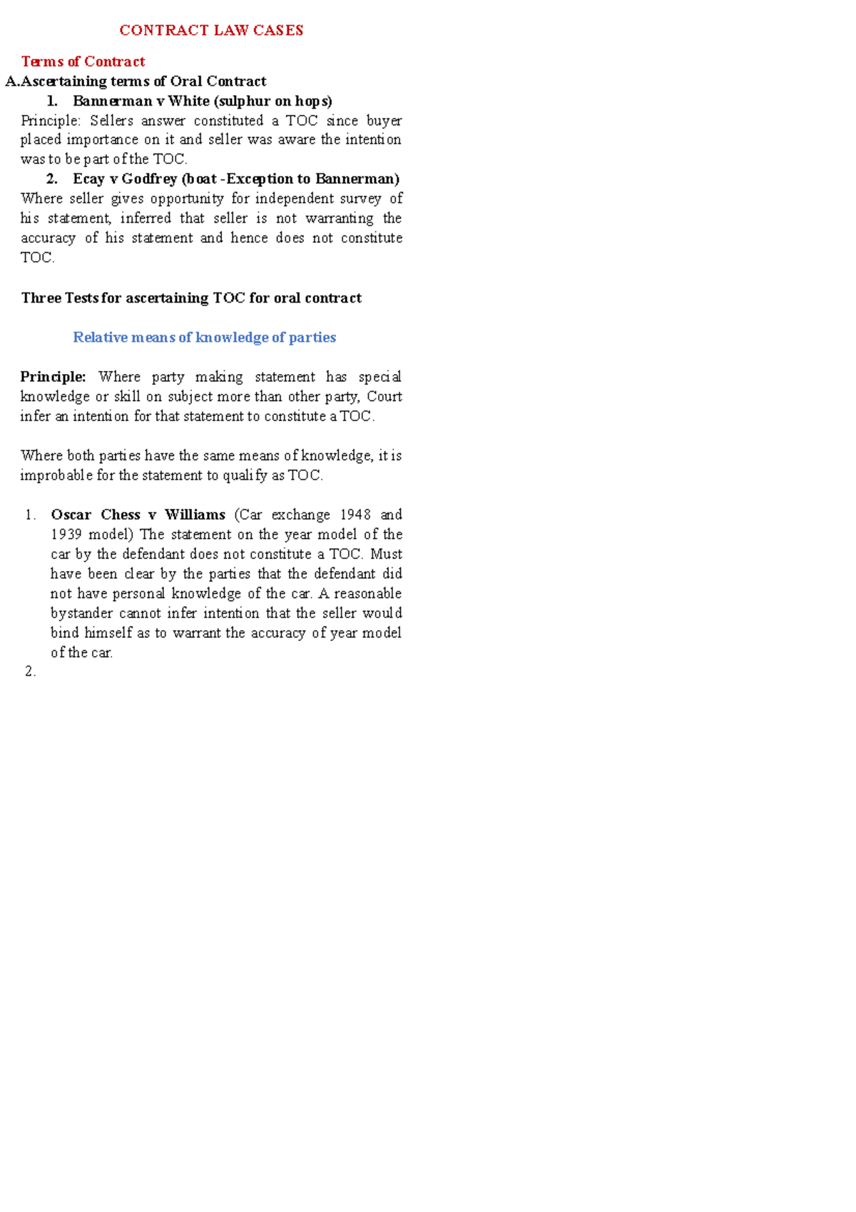 My Contract LAW Cases and principles - CONTRACT LAW CASES Terms of ...