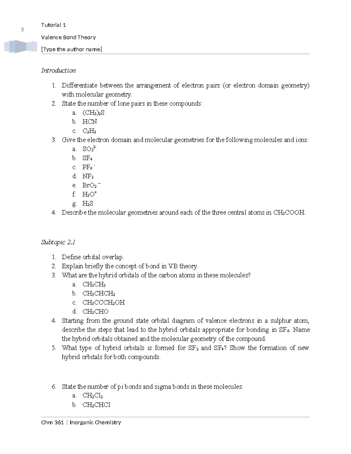 Tutorial 1 VBT CHM361 - 3 Tutorial 1 Valence Bond Theory [Type the author name] Introduction 1 ...