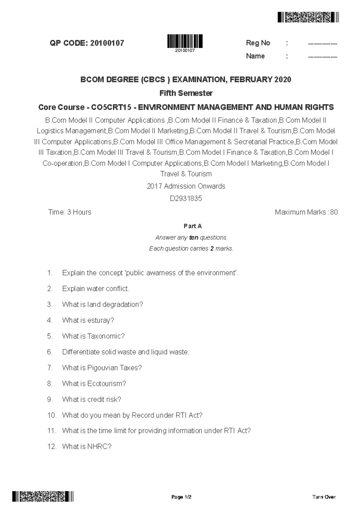 Environment Management AND Human Rights 2020 - QP CODE: 20100107 Reg No ...