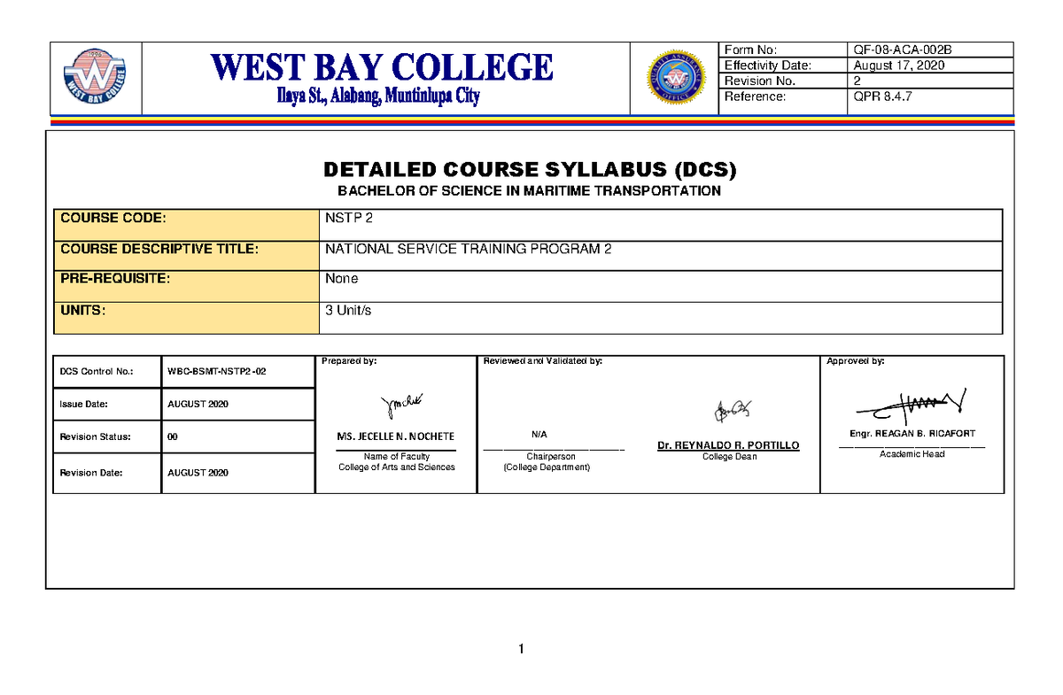 NSTP 2 QF 08 ACA 002B Detailed Course Syllabus REV 2 1 - computer ...