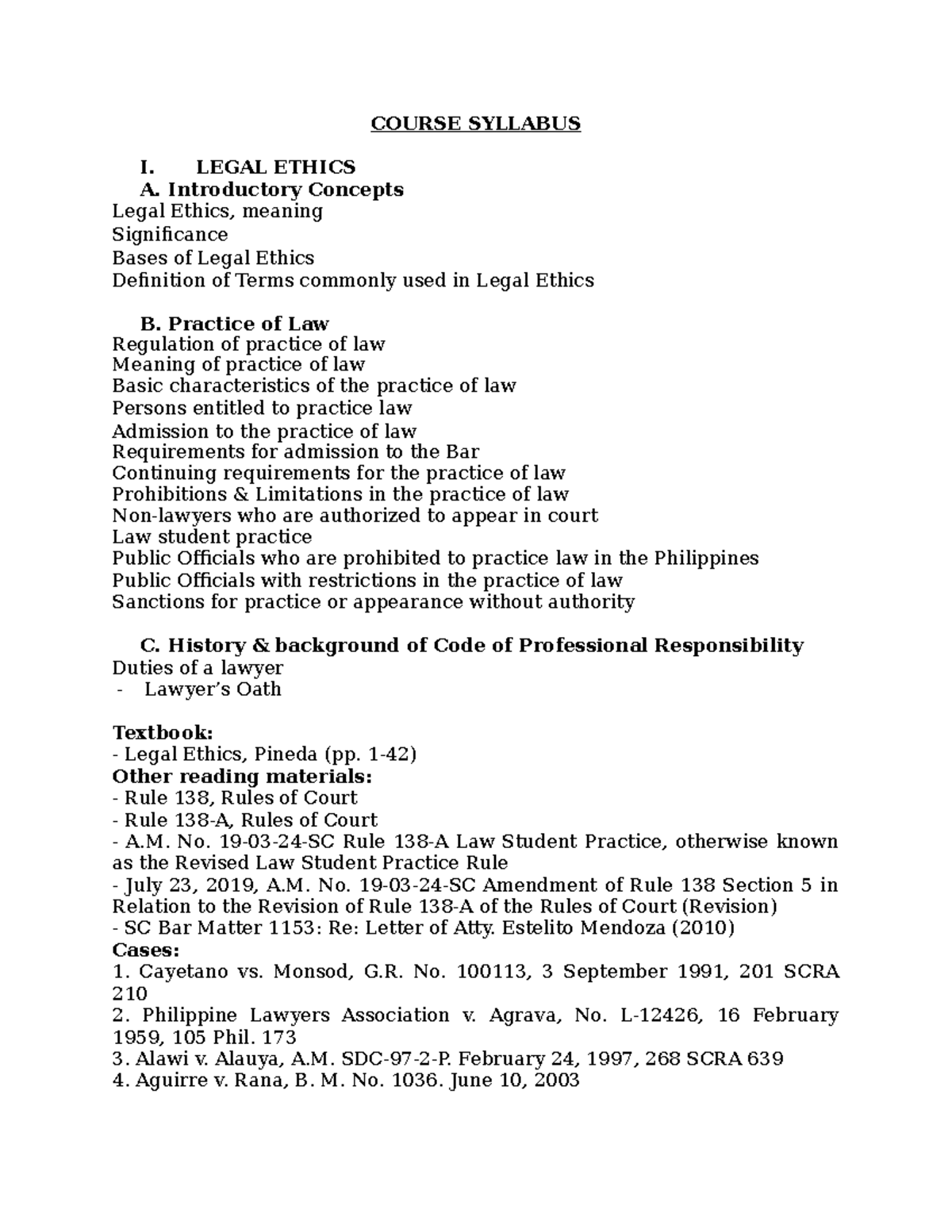 Syllabus - sample only - COURSE SYLLABUS I. LEGAL ETHICS A ...