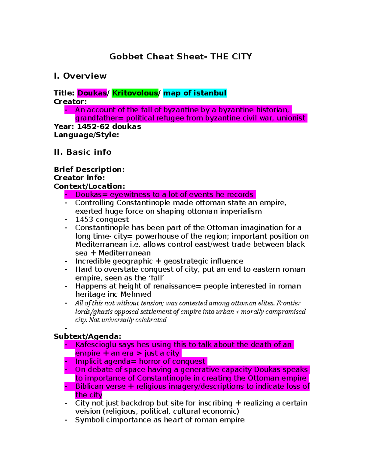 Gobbets Cheat Sheet- CITY - Gobbet Cheat Sheet- THE CITY I. Overview ...