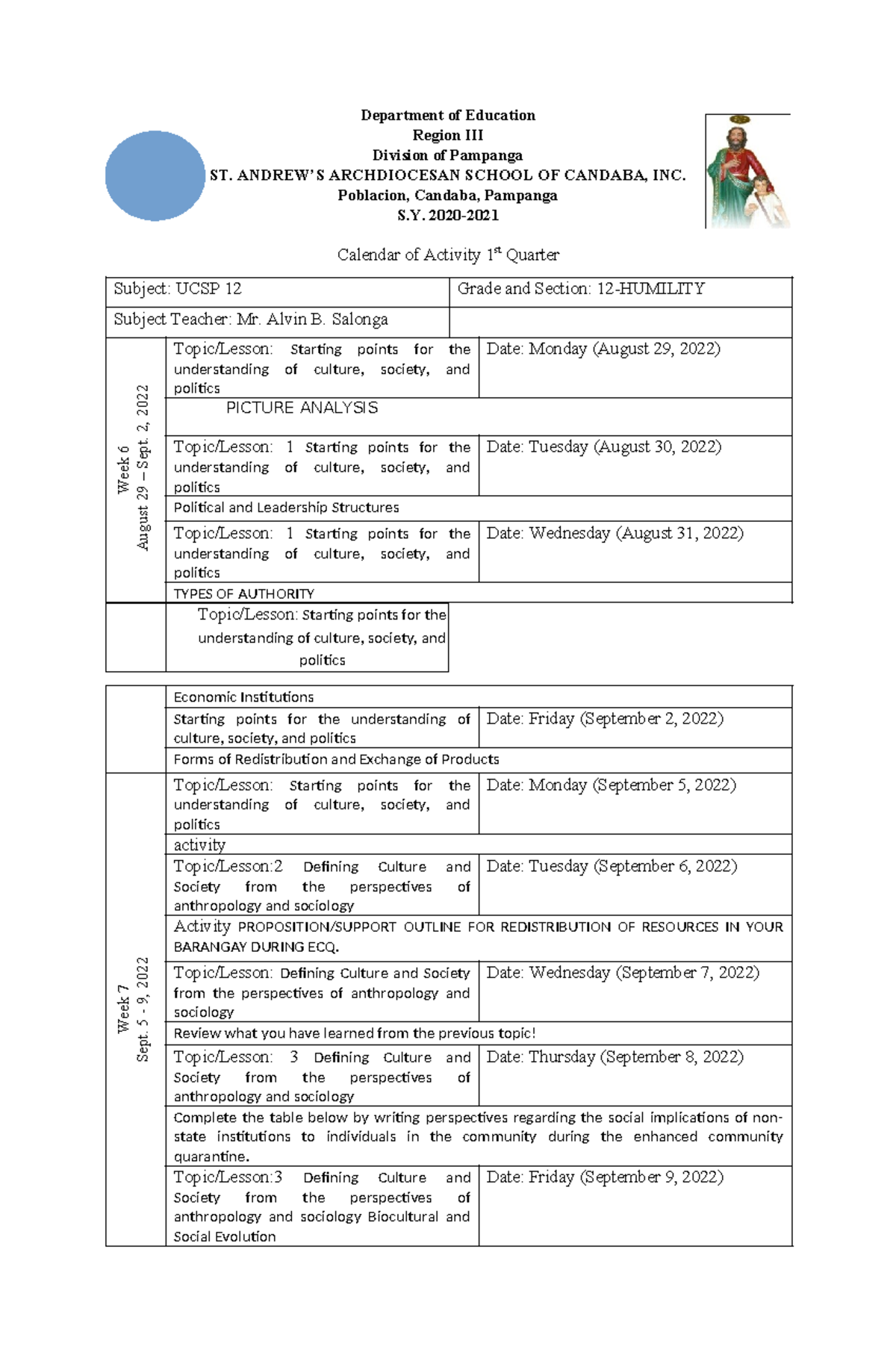 Calendar-of-Activity UCSP 1ST SIR Alvin - Department of Education ...