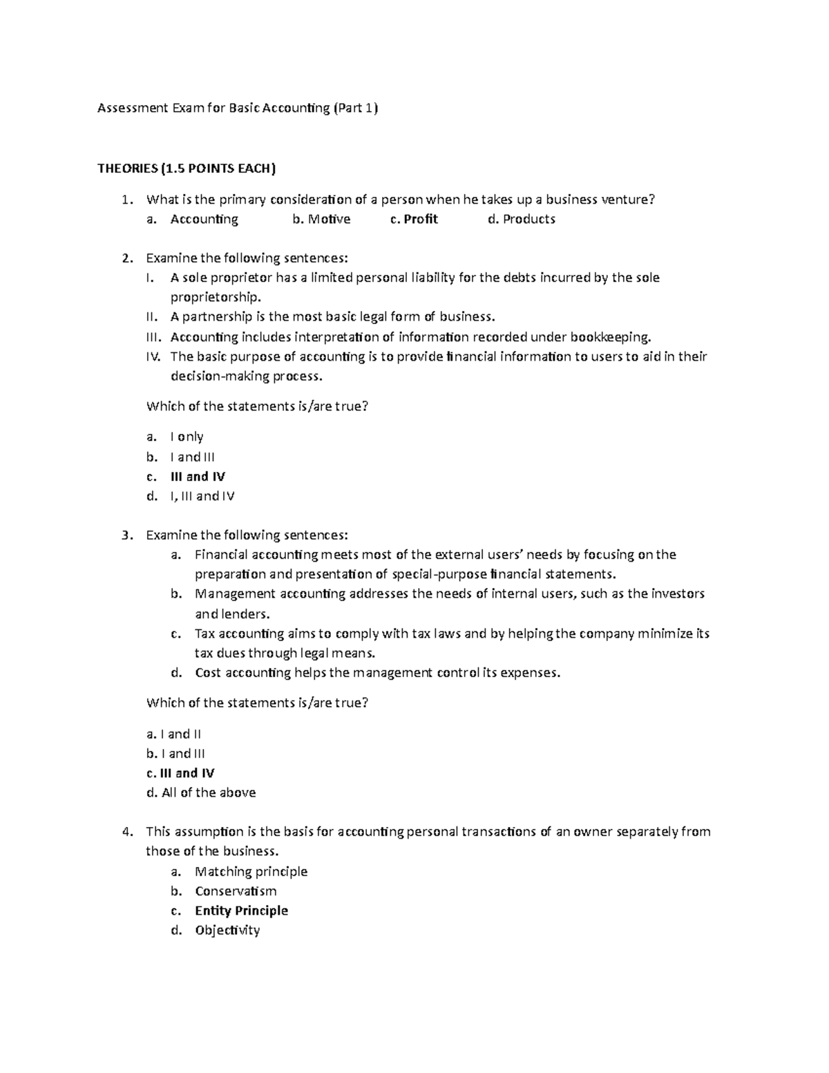 Assessment Exam for Basic Accounting (Up to AJE) - Assessment Exam for ...