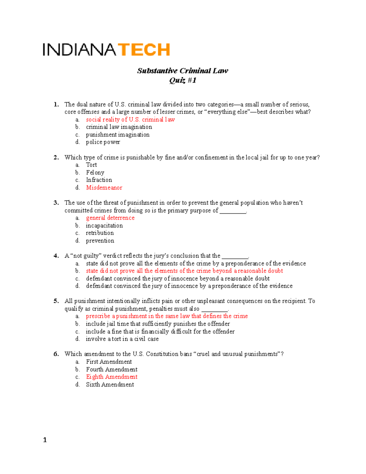 F22 Crim Q1 KEY - Quiz 1 answer key - Substantive Criminal Law Quiz The ...