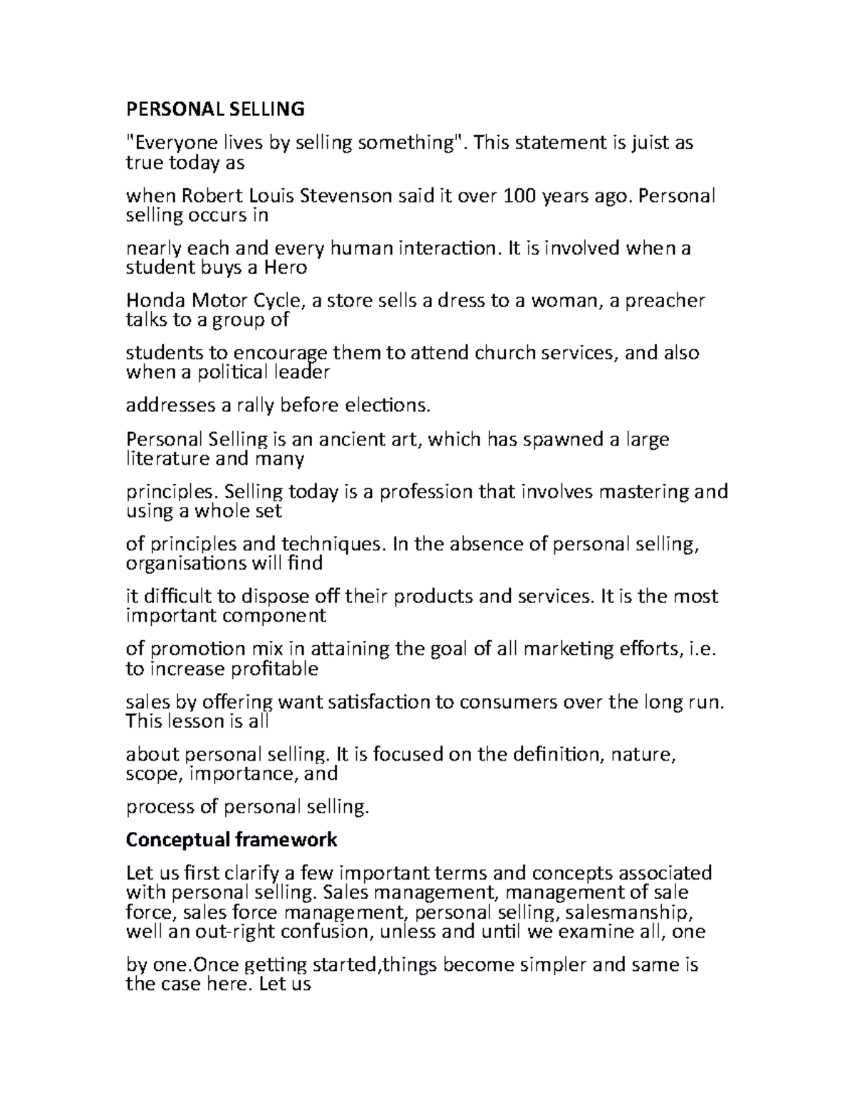 Personal Selling notes - PERSONAL SELLING "Everyone lives by selling ...