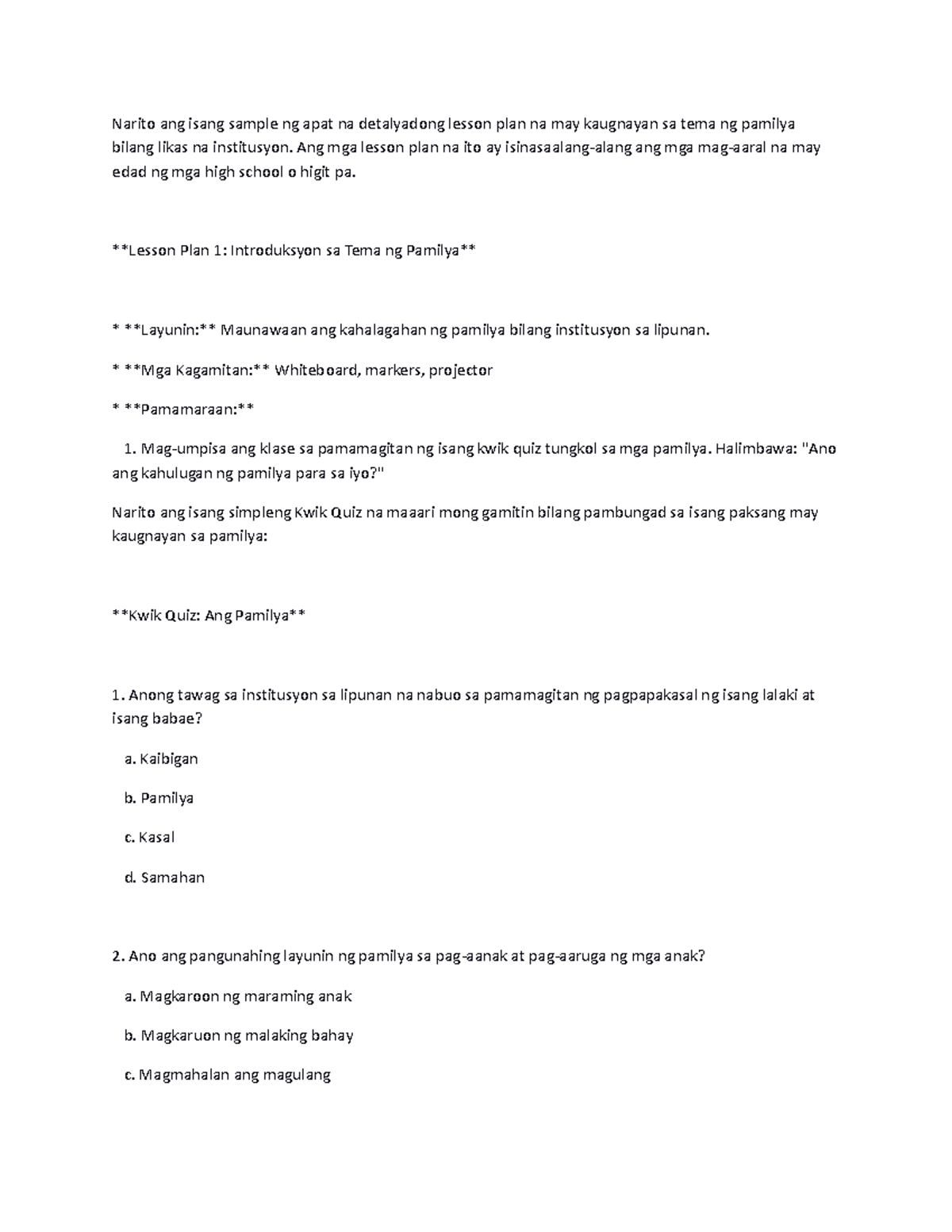 Pamilya - Narito ang isang sample ng apat na detalyadong lesson plan na ...