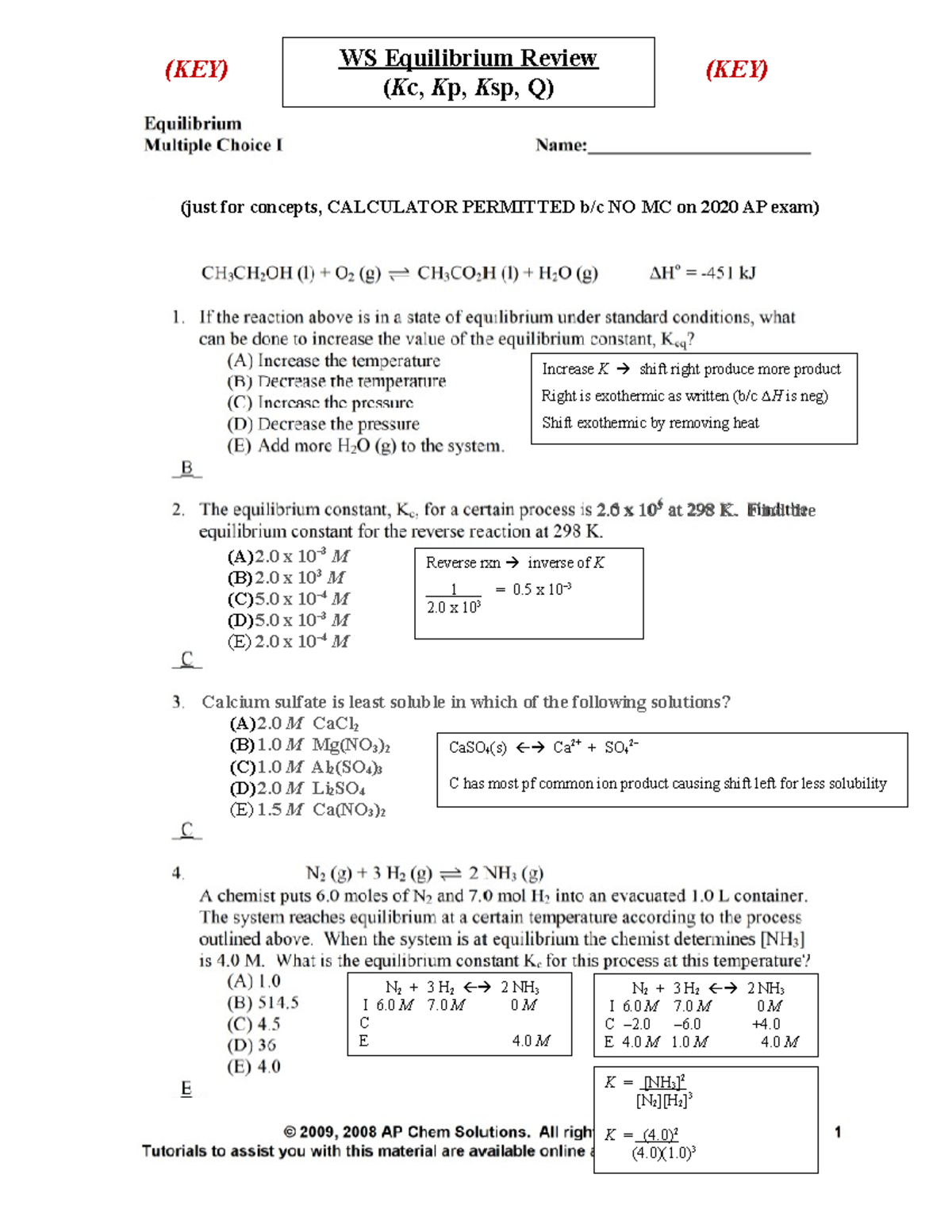 WS 7 Eq Review Kc Kp Ksp Q KEY - WS Equilibrium Review ( K c, K p, K sp ...
