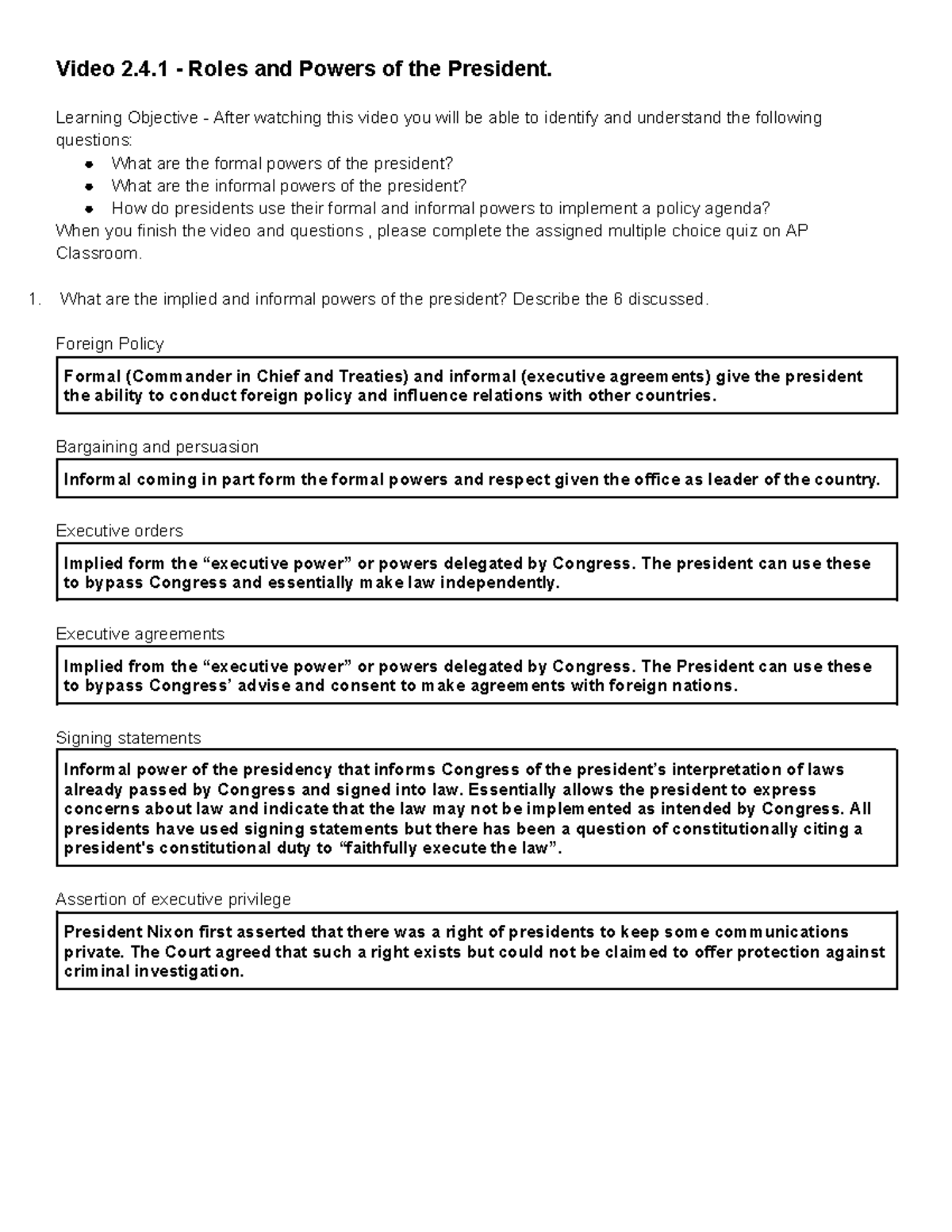 Video 2.4.1 - Roles and Powers of the President - Video 2.4 - Roles and ...