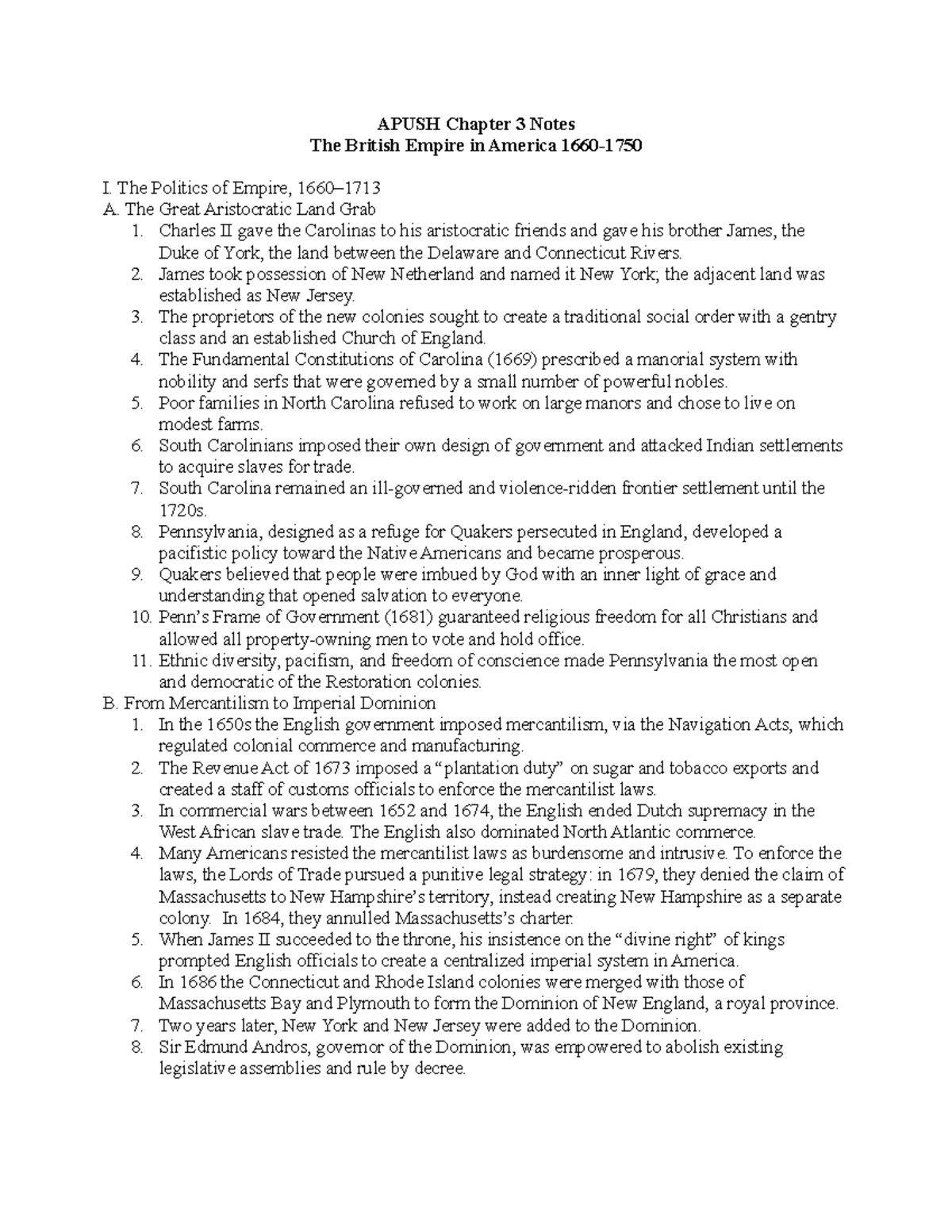 Ch. 3 lecture notes - APUSH Chapter 3 Notes The British Empire in ...