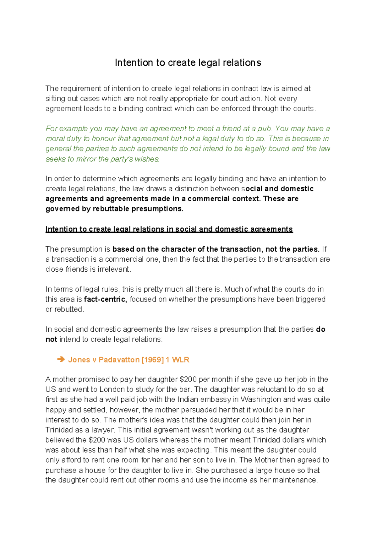 Intention to create legal relations - Not every agreement leads to a ...