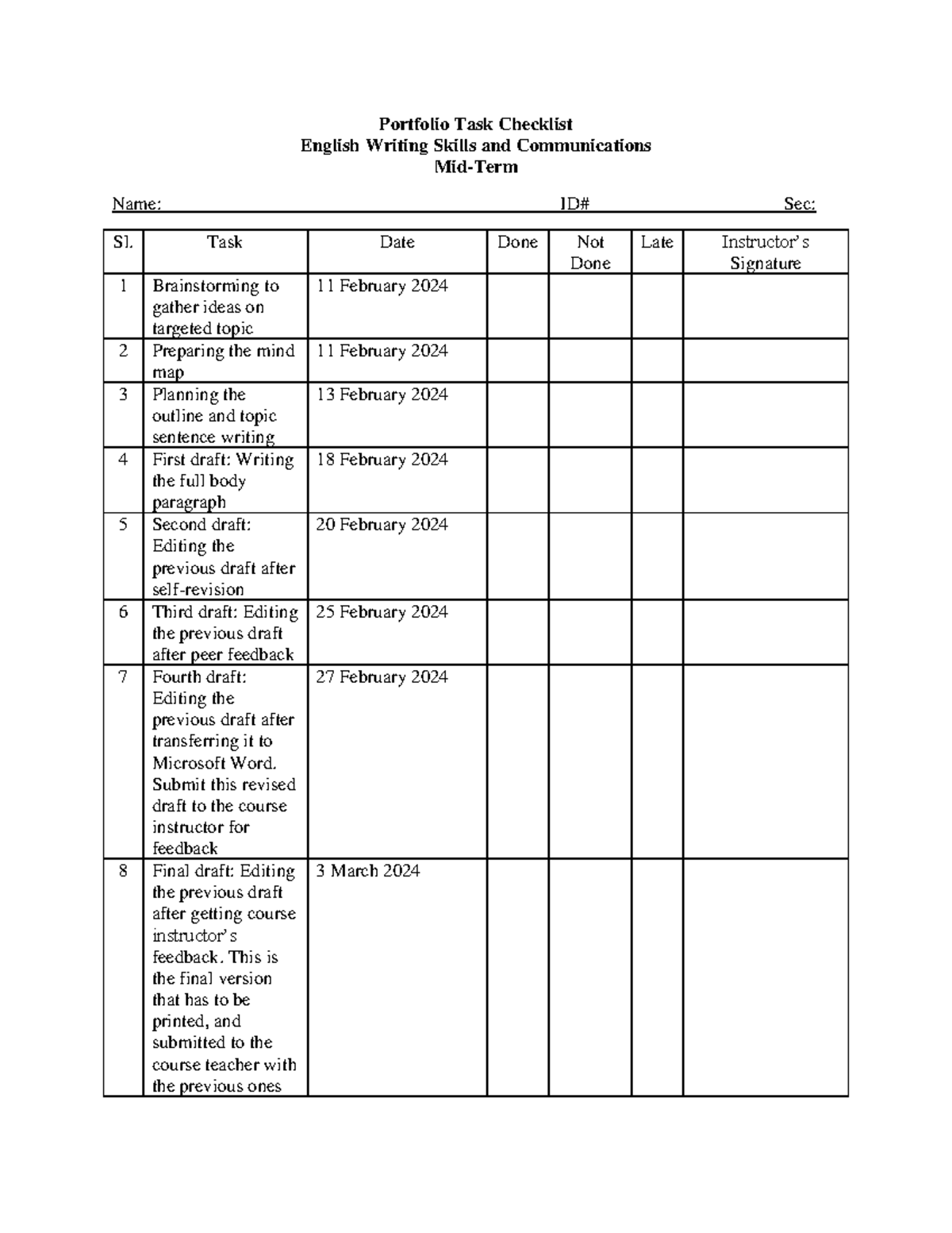 Midterm Portfolio - Portfolio Task Checklist English Writing Skills and ...