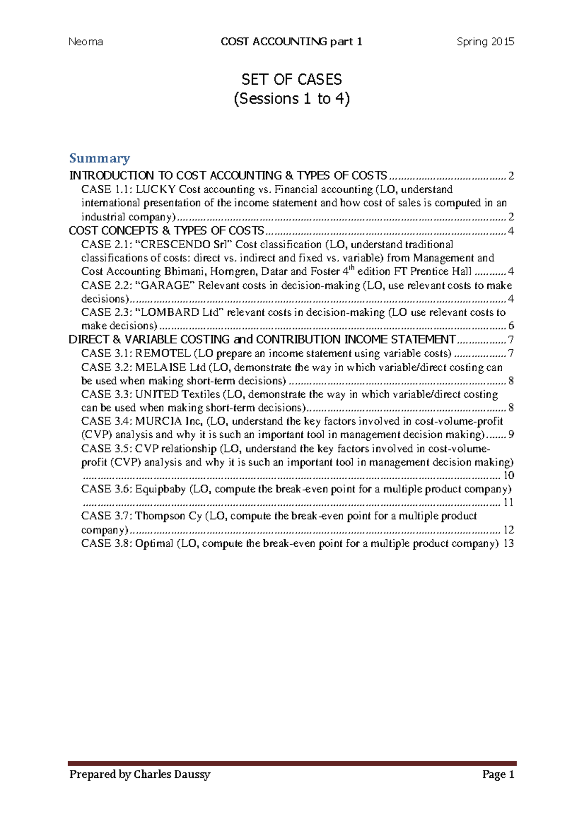 COST- Cases-1 - Cas pratiques - SET OF CASES (Sessions 1 to 4) Summary ...