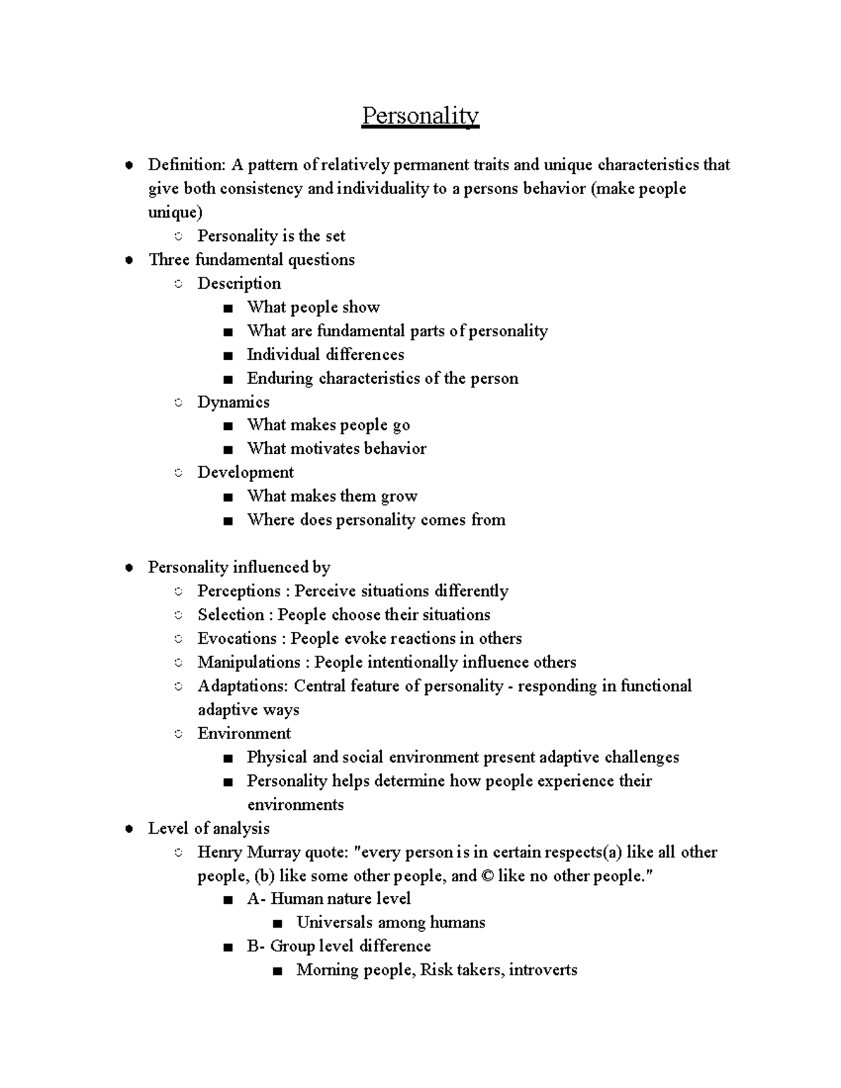 Psych 370 Exam 1 Notes - Personality Definition: A pattern of ...
