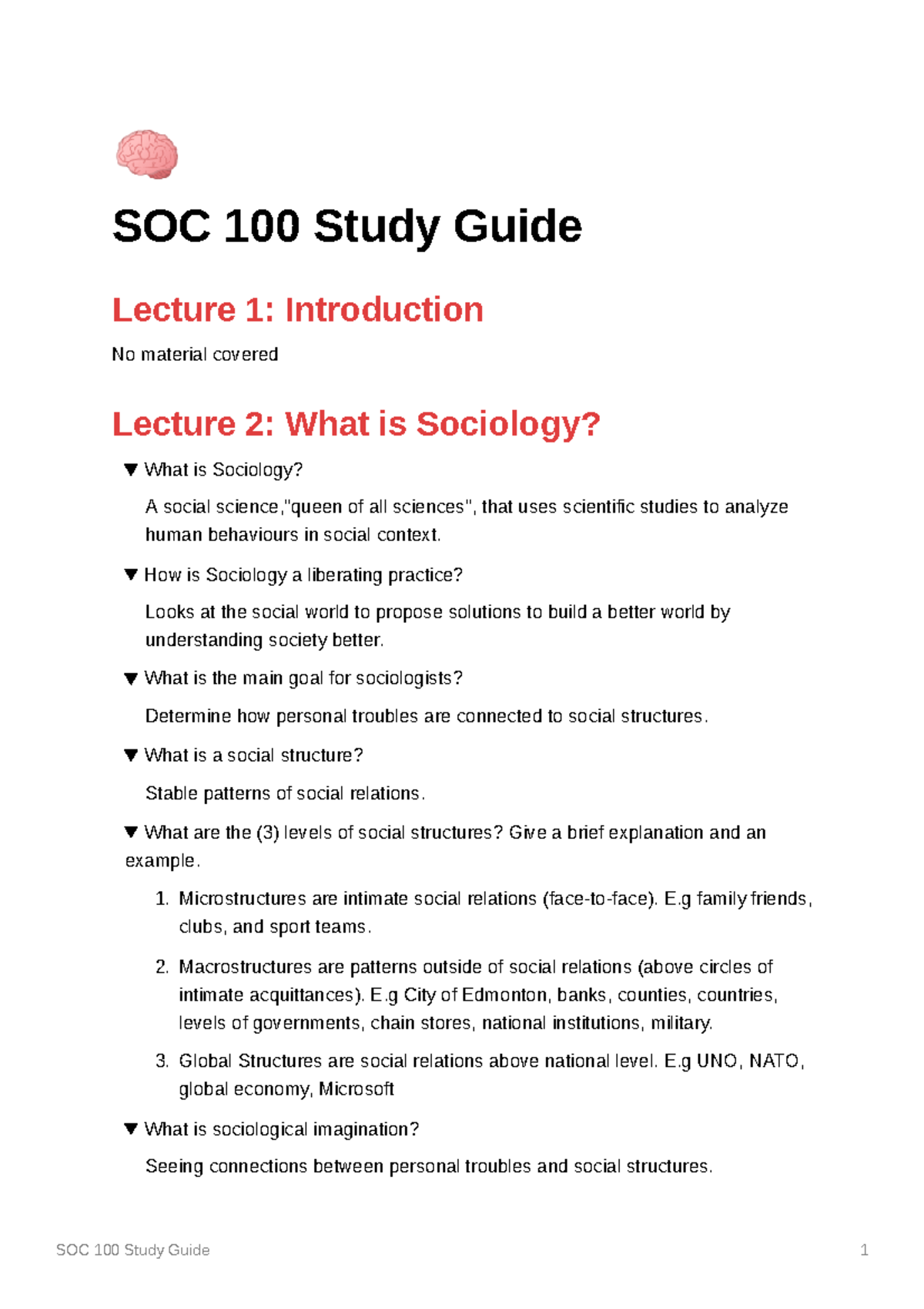 SOC 100 Study Guide Lecture 1 - 8 - UAlberta - Studocu