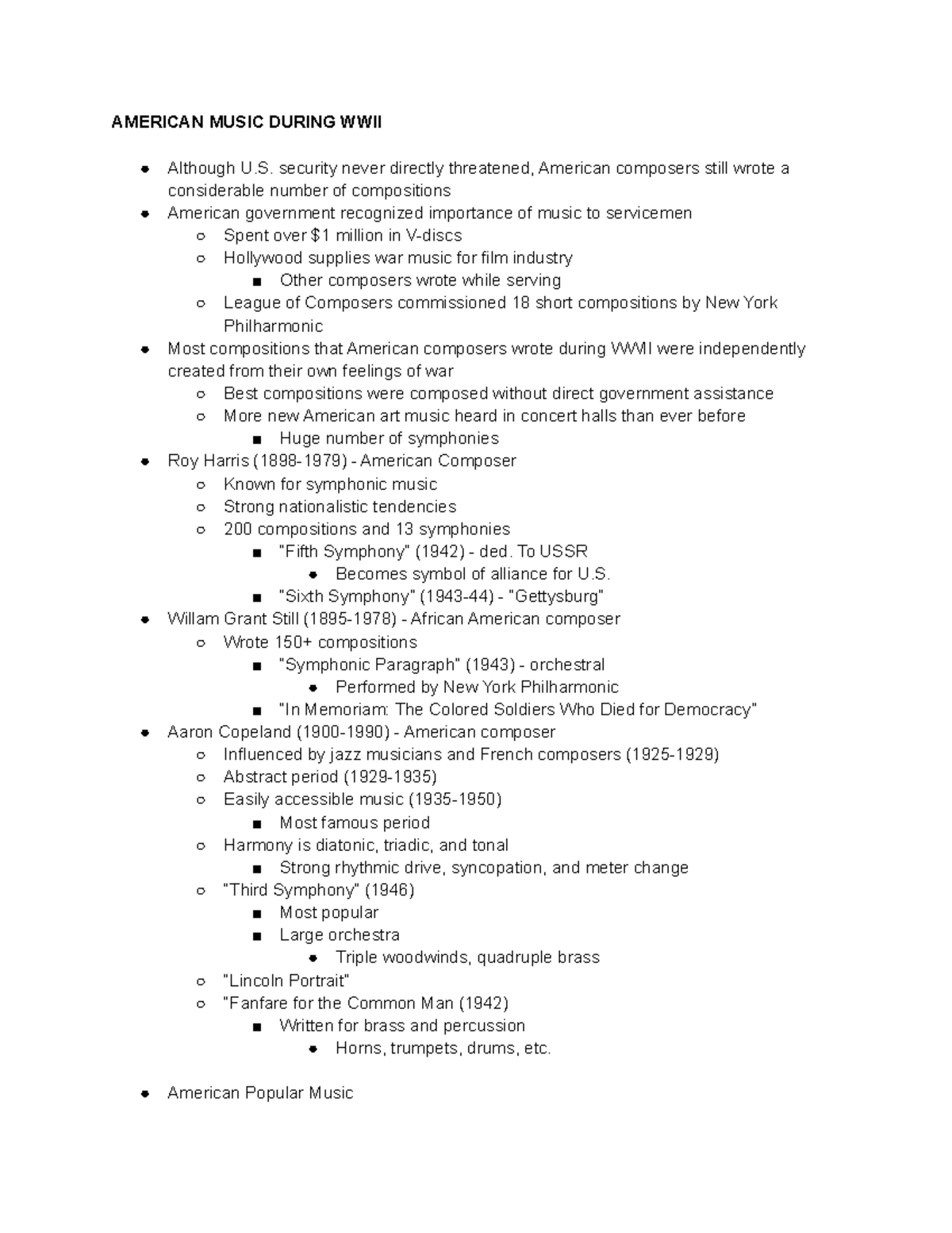 HON 151 Notes 9 - American Music During WWII - AMERICAN MUSIC DURING ...