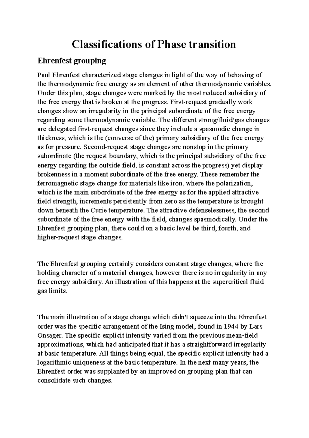 Classifications of Phase transition - Classifications of Phase transition Ehrenfest grouping ...