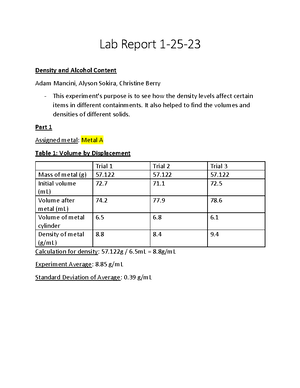 Determination of Molar Mass of metal Lab Report 02-15-23 - Chem Lab ...