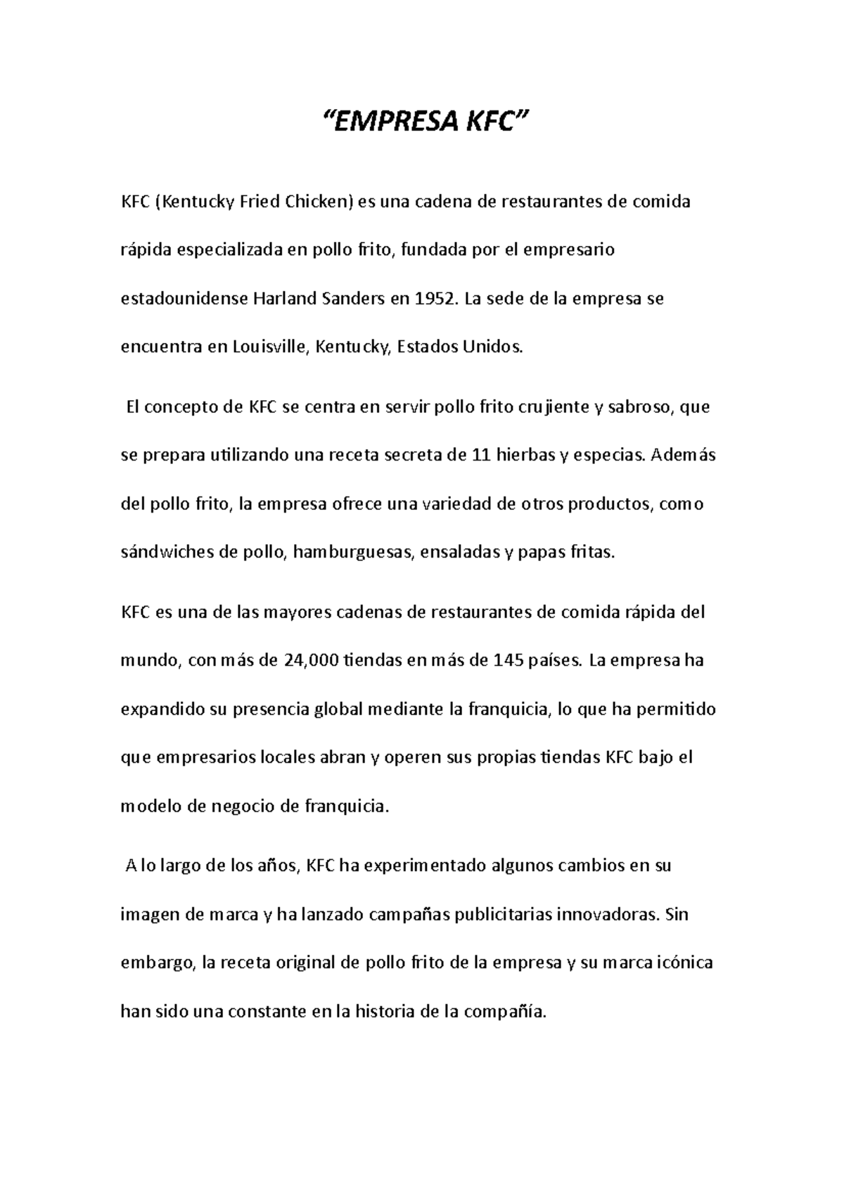 Doc 01 - ninguna - “EMPRESA KFC” KFC (Kentucky Fried Chicken) es una ...