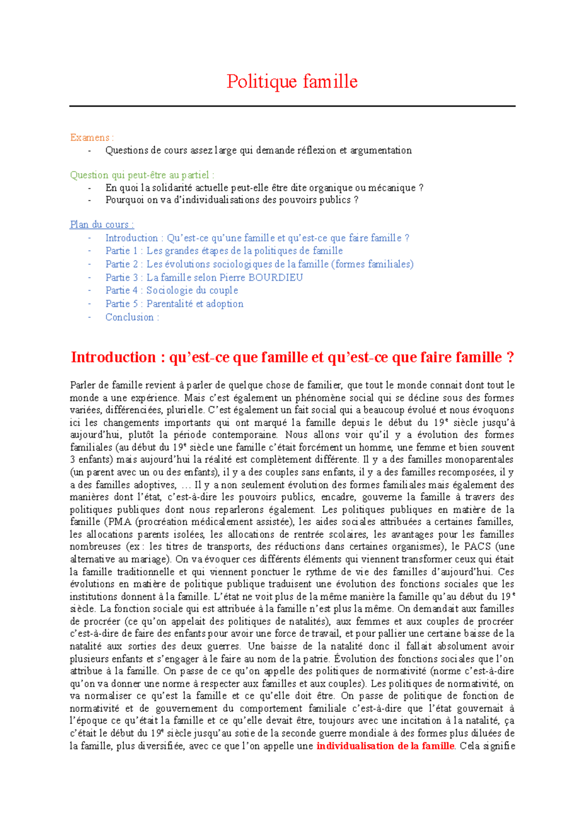 CM - Cours complet politique familiale - Politique famille Examens ...