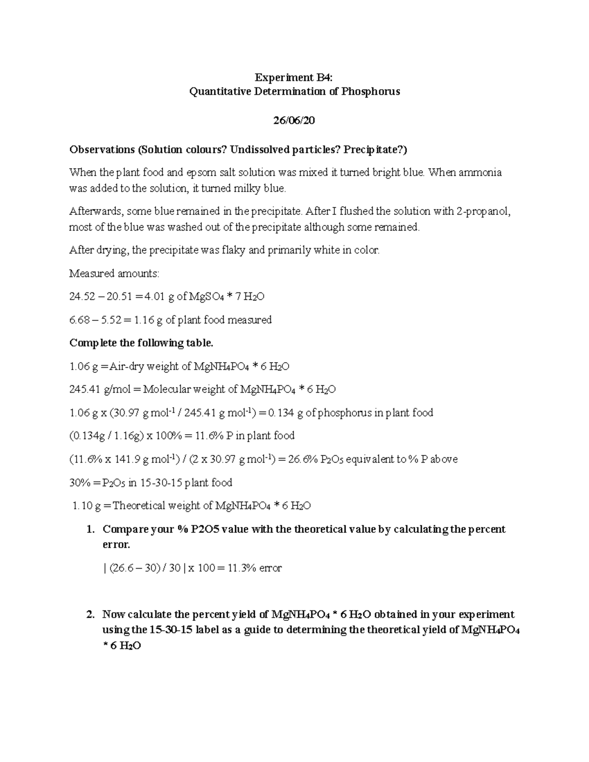 chem 217 Lab B4 - Experiment B4: Quantitative Determination of ...