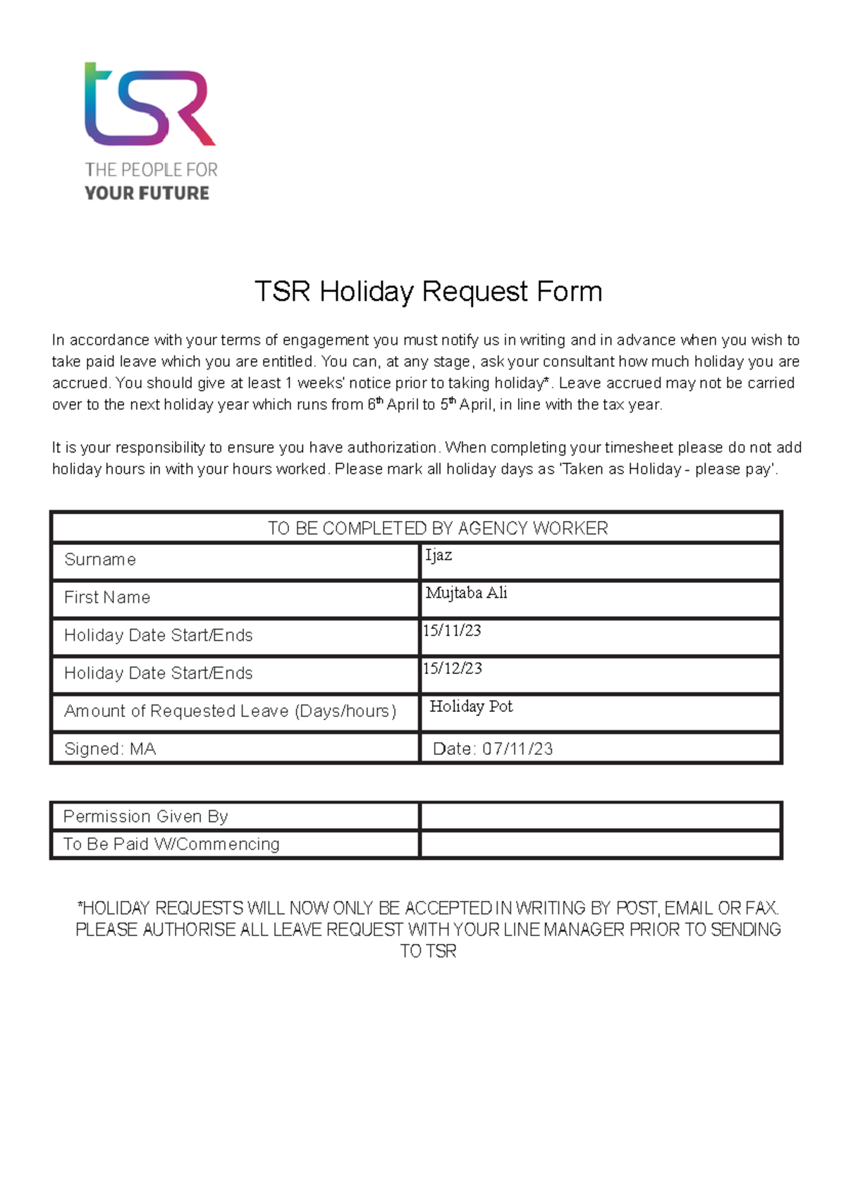 Holiday Form TSR - TSR Holiday Request Form In accordance with your ...