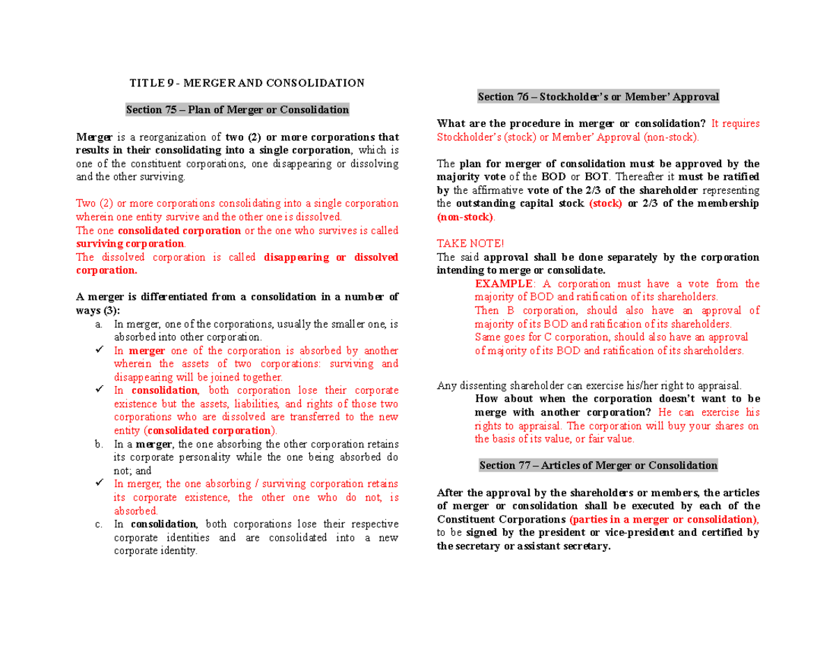 RCC- Lawed 2 - Midterms - TITLE 9 - MERGER AND CONSOLIDATION Section 75 ...
