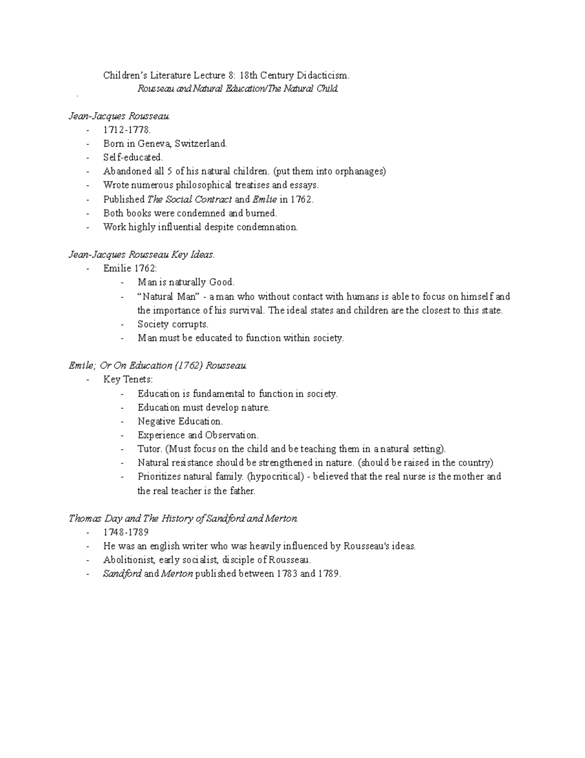 Children’s Literature Lecture 8 18th Century Didacticism. Rousseau and ...