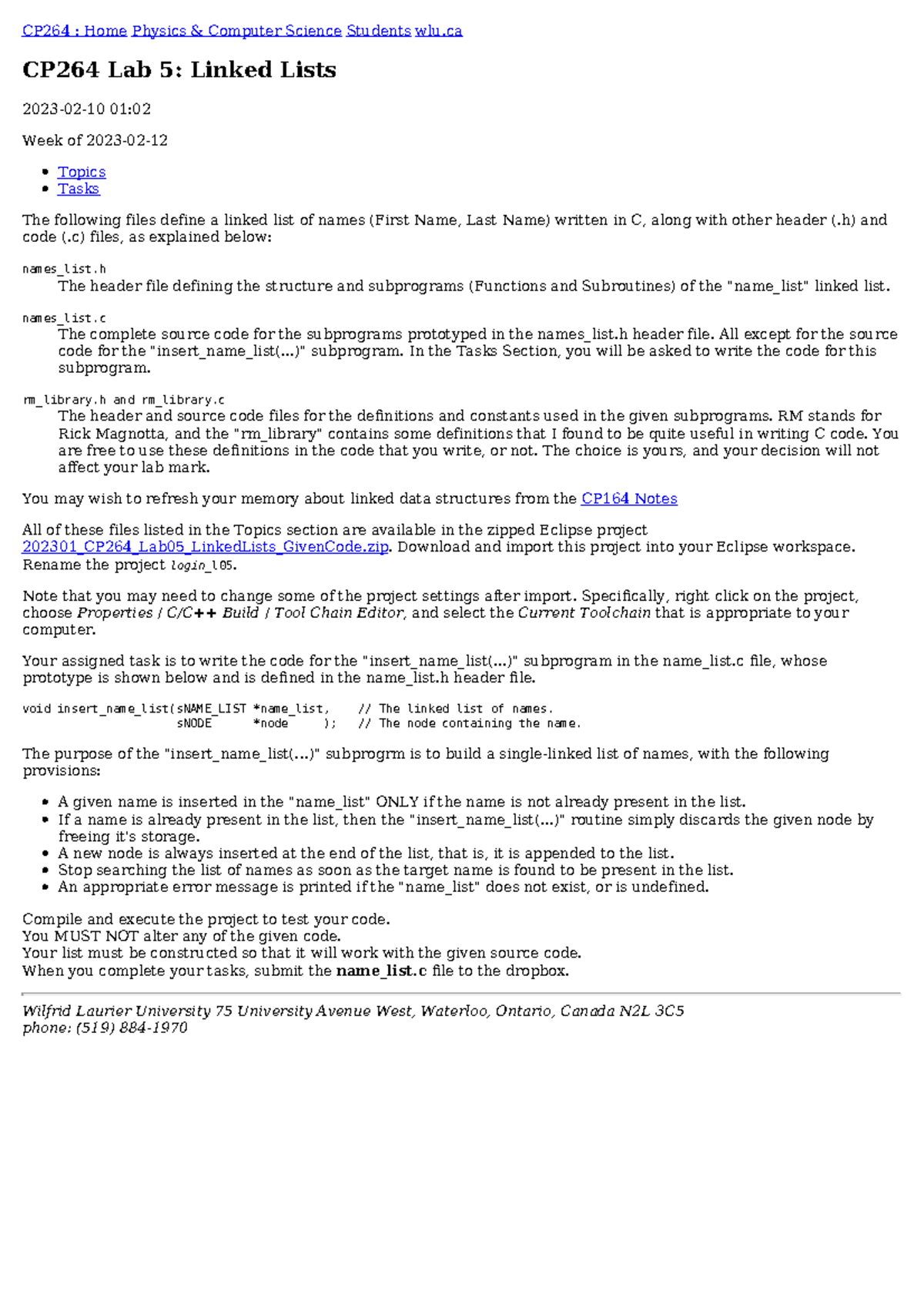 CP264 - Lab 005 - CP264 : Home Physics & Computer Science Students wlu CP264 Lab 5: Linked Lists ...