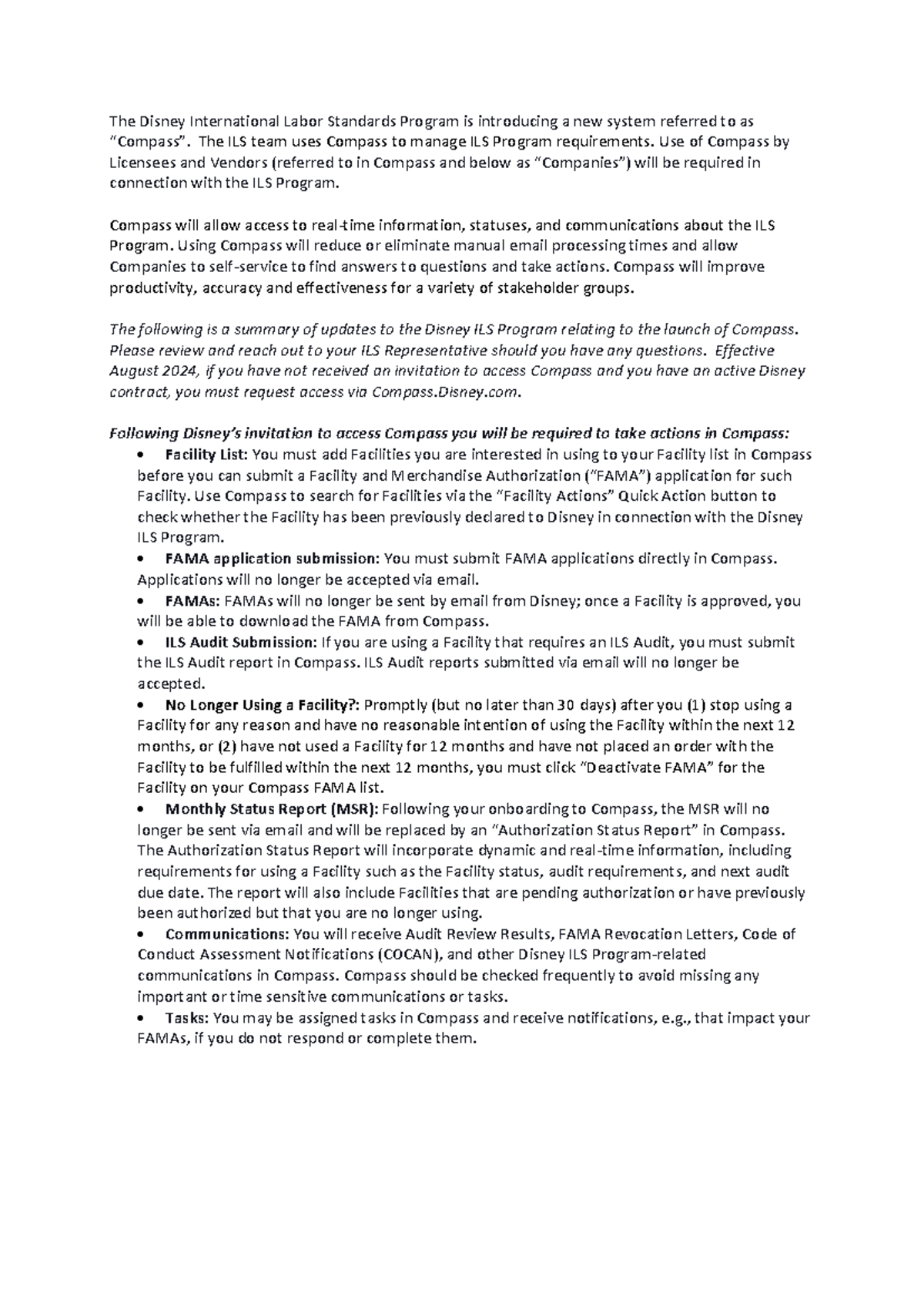 ILS Program Update Compass System - The Disney International Labor Standards Program is ...