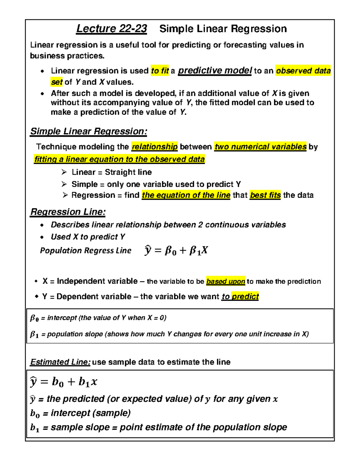 Lecture 22-23 overheads - Lecture 22 - 23 Simple Linear Regression Linear regression is a useful ...
